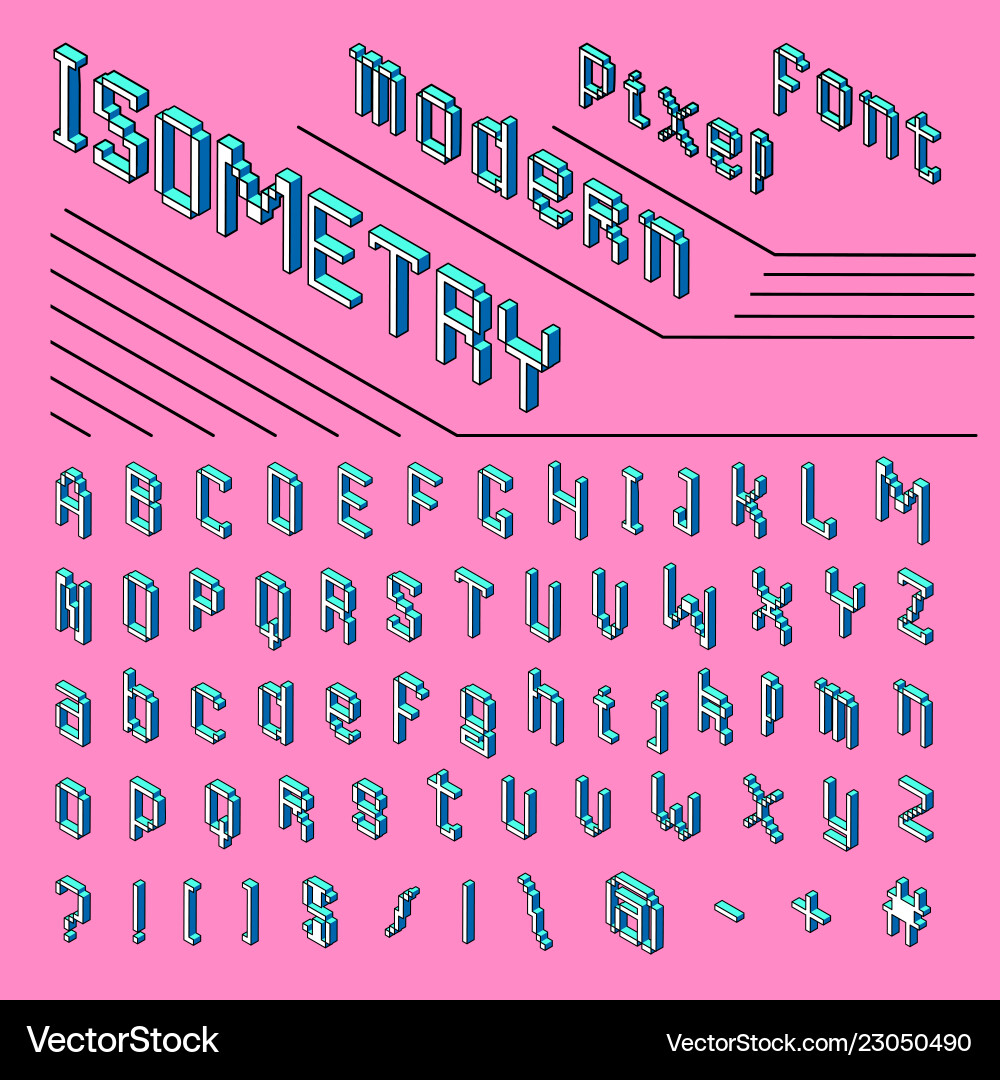 Pixel isometric font 8-bit symbols 3d digital Vector Image
