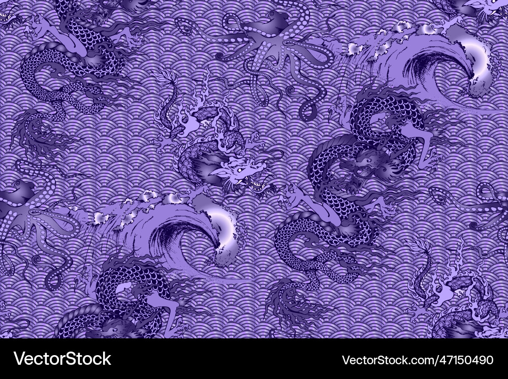 Seamless pattern of octopus and dragon violet col Vector Image