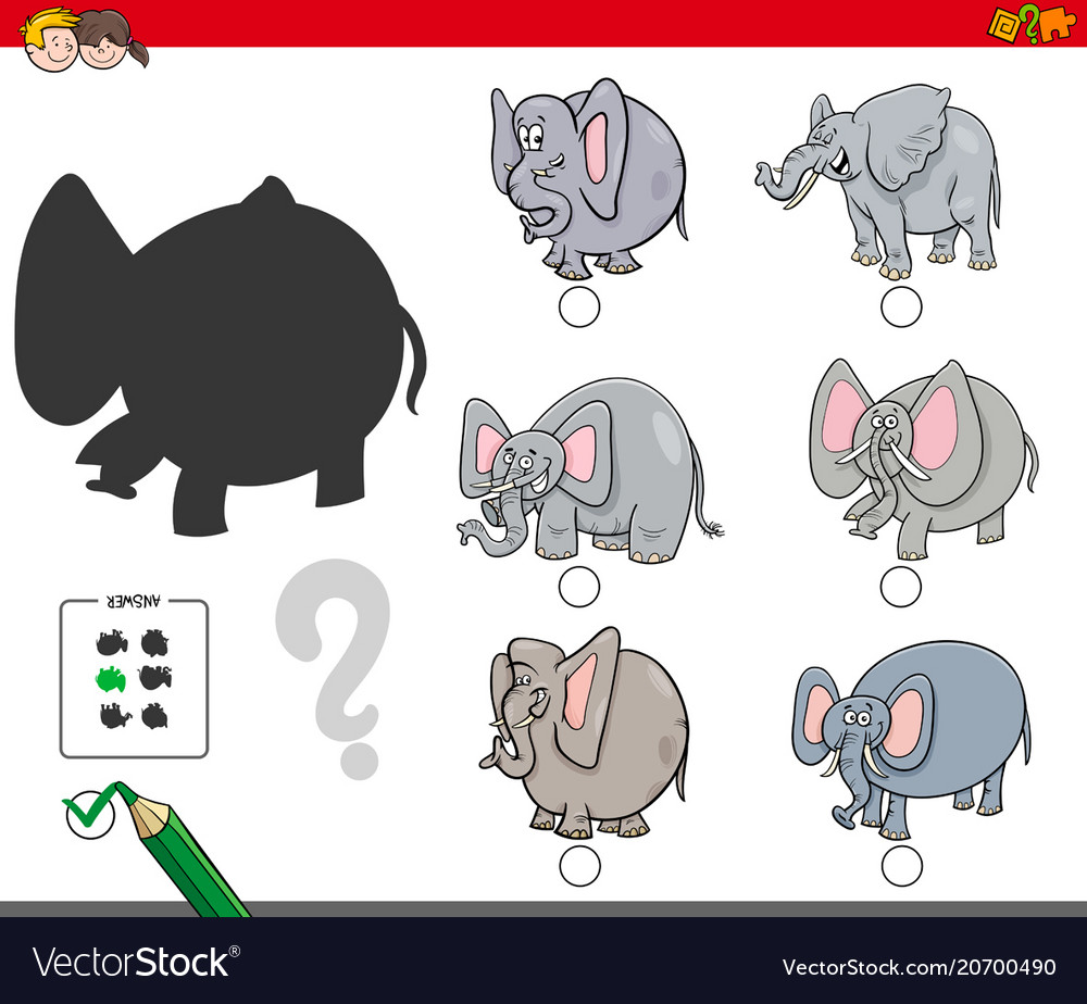 Shadows activity game with elephants Royalty Free Vector