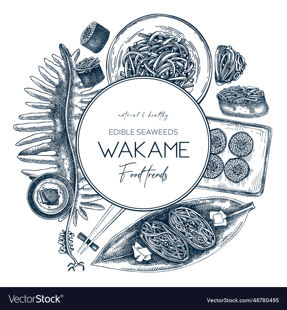 Edible seaweed wreath design hand-drawn wakame Vector Image Edible seaweed wreath design hand-drawn wakame Vector Image