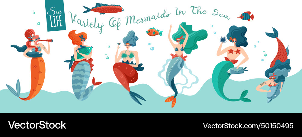 Funny mermaids banner Royalty Free Vector Image