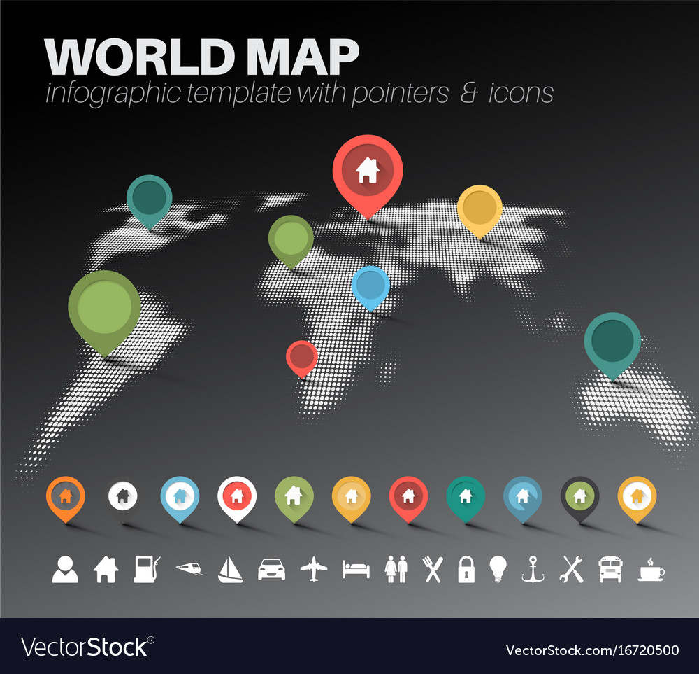 Light world map with pointers Royalty Free Vector Image