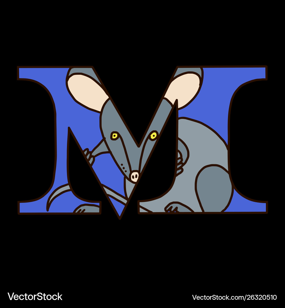Serif alphabet letter m with doodle mouse Vector Image