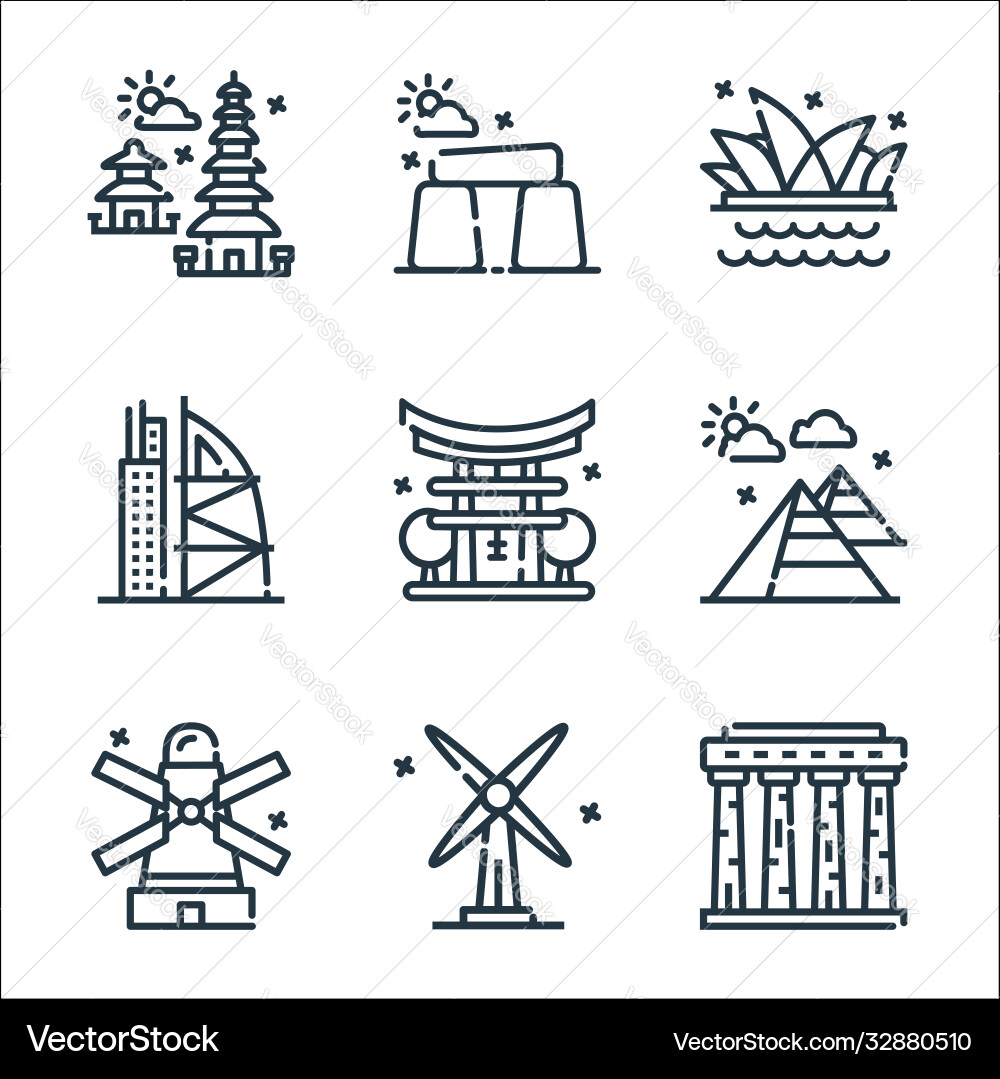 World monument line icons linear set quality Vector Image
