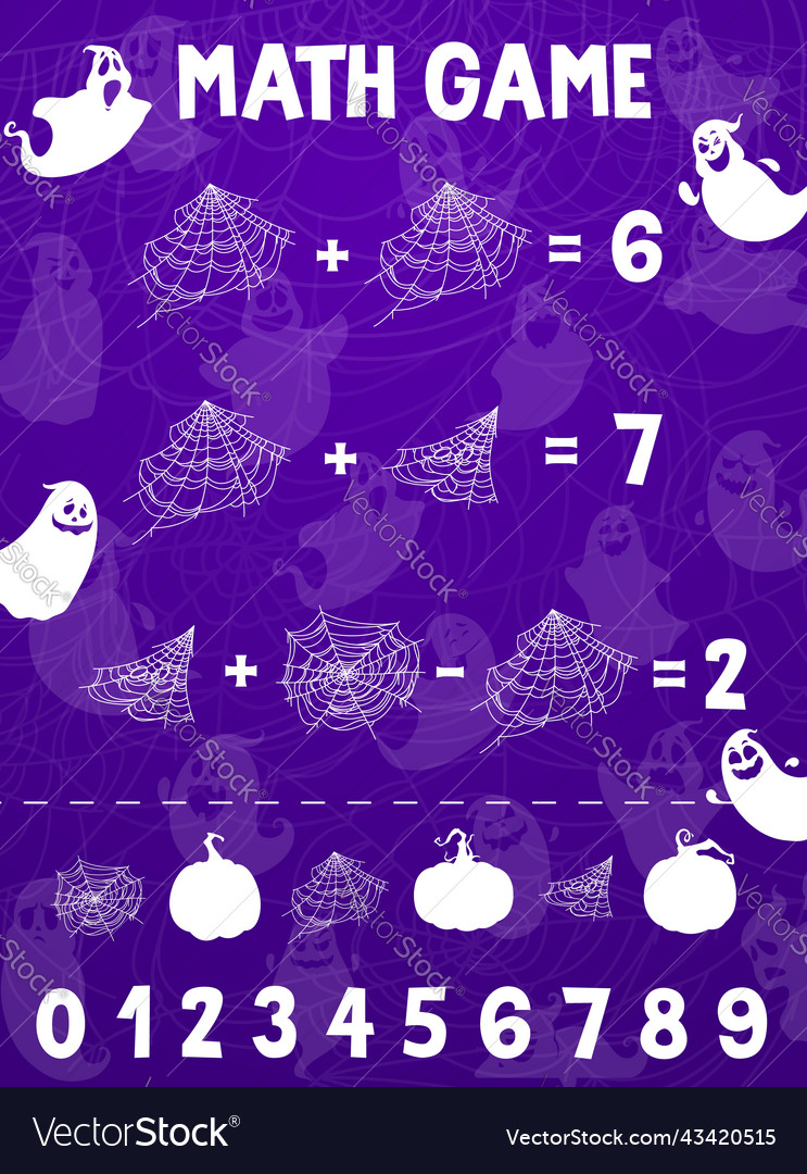 Halloween math game with spiderweb and ghosts Vector Image