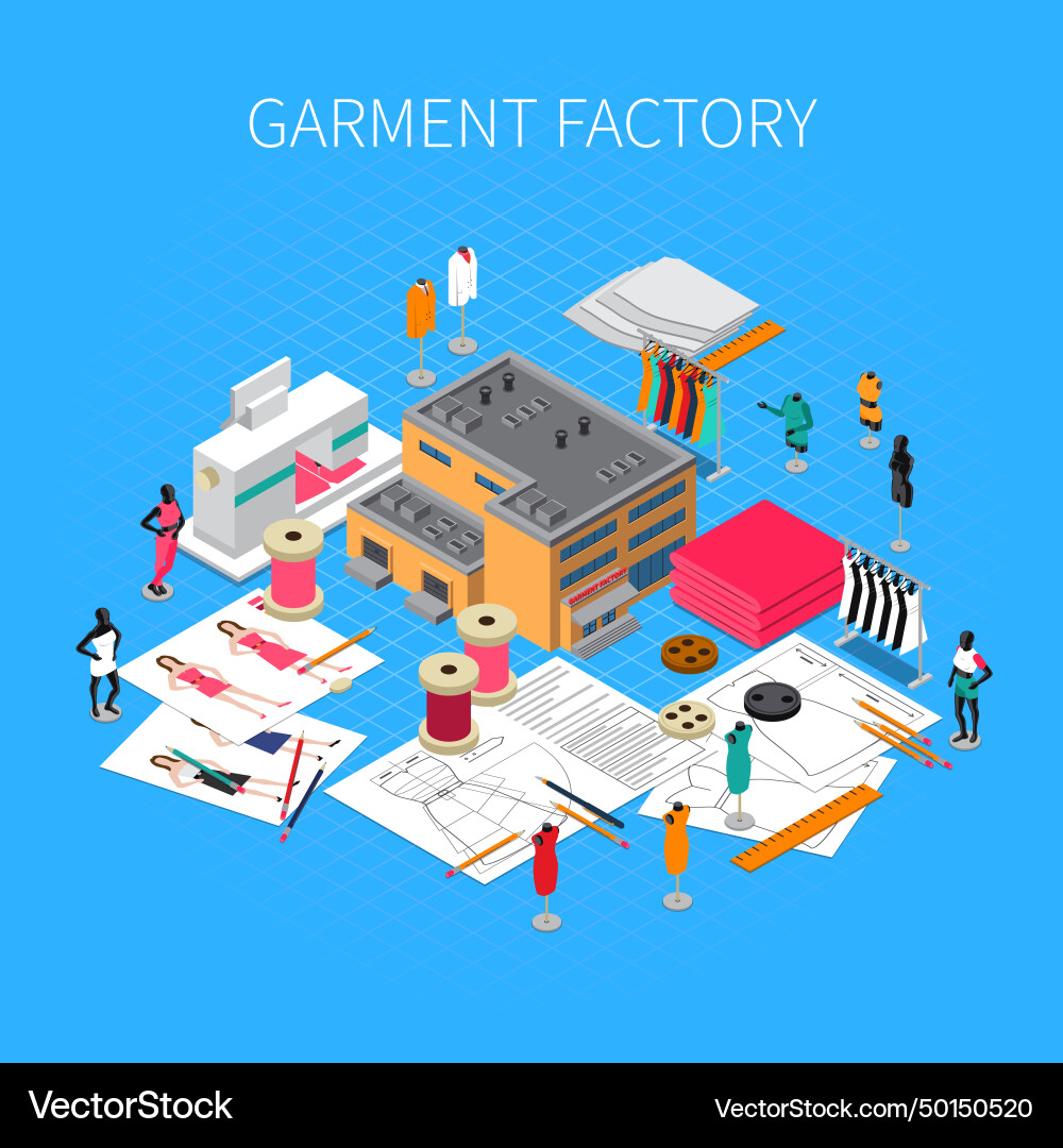 Garment factory isometric concept Royalty Free Vector Image