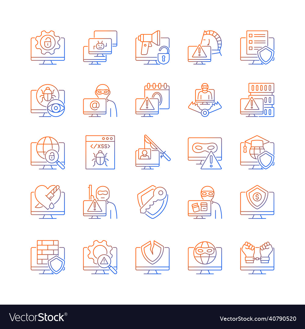 Hacker attack gradient linear icons set Royalty Free Vector