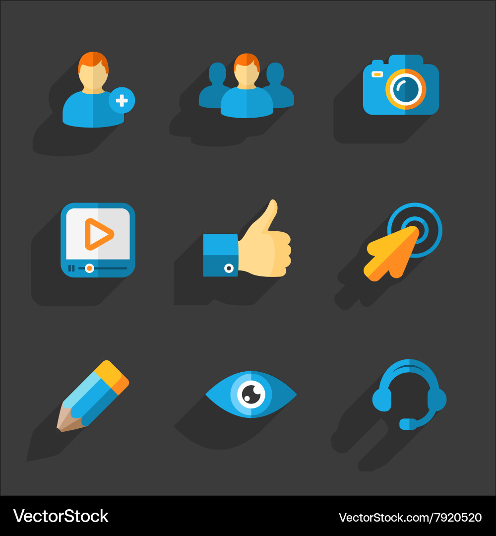 Modern flat social icons set on dark Royalty Free Vector