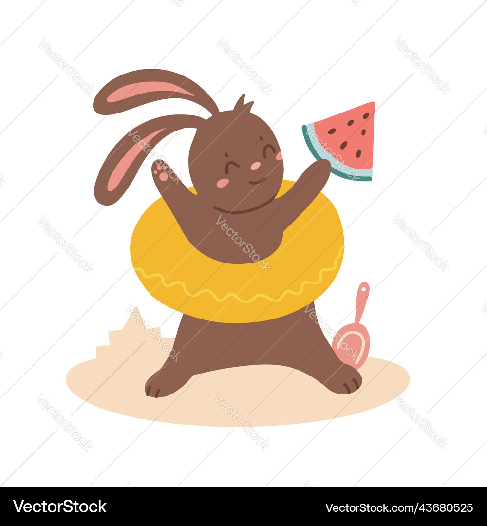 Cute rabbit with rubber swimming ring and piece Vector Image