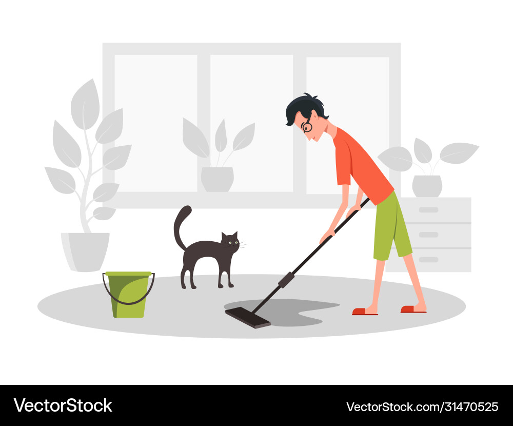 Man mops floor side view color Royalty Free Vector Image
