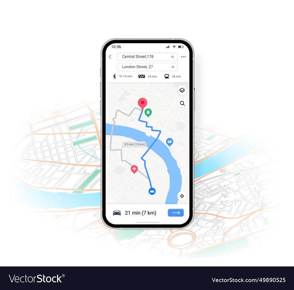 Phone map ui mobile application with transport Vector Image