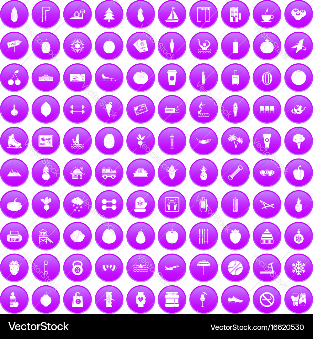 100 wellness icons set purple Royalty Free Vector Image