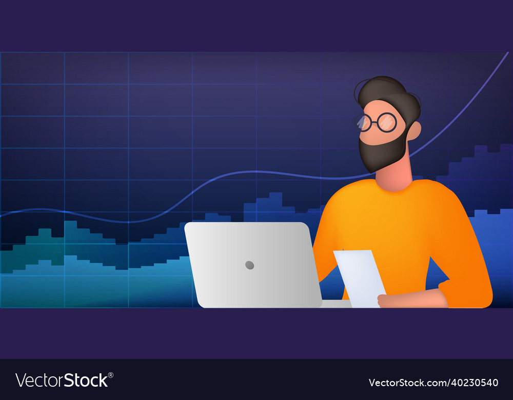 A man works with documents at laptop background Vector Image