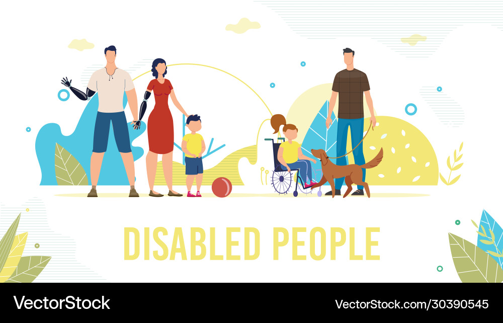 Disabled people full life flat banner Royalty Free Vector