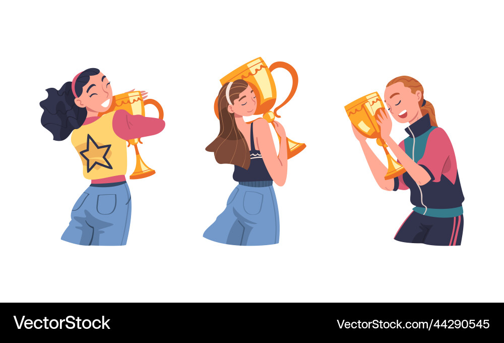 Happy winners holding trophy and awards set Vector Image