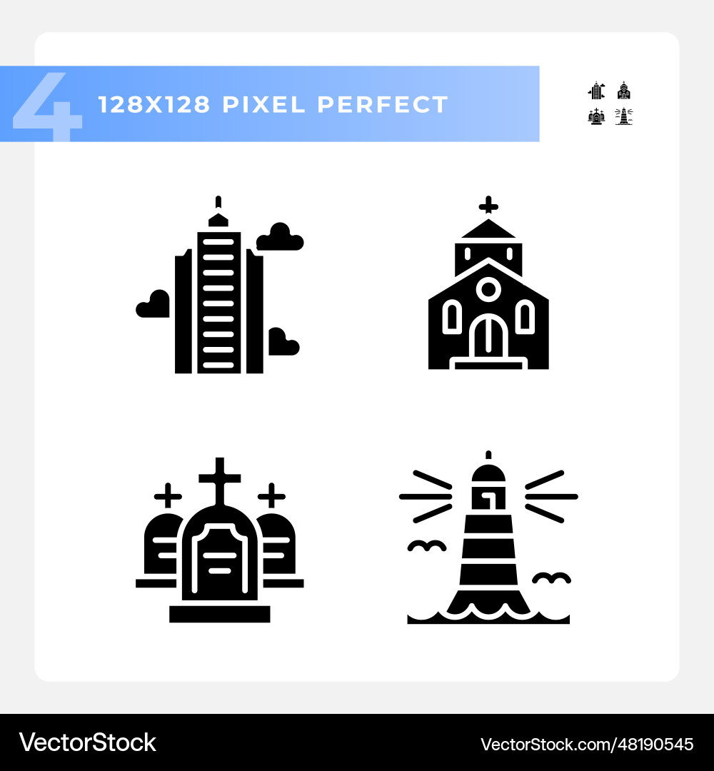 Pixel perfect glyph style building icons set Vector Image