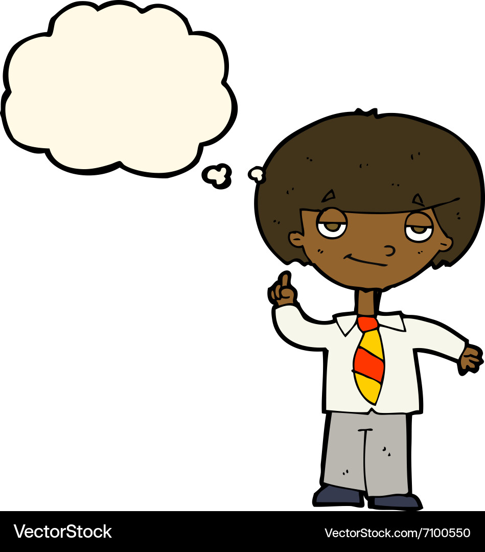 Cartoon school boy answering question with thought