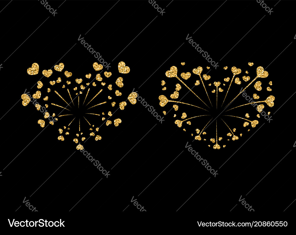 Heart fireworks gold set isolated Royalty Free Vector Image