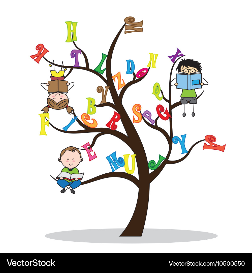 Tree with alphabet and children reading Royalty Free Vector