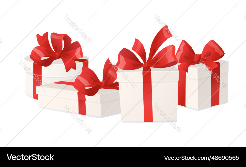 Cartoon gift boxes with red bows isolated on white