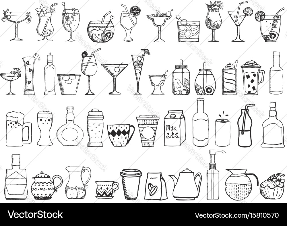 Big set of hand drawn drinks on white background Vector Image