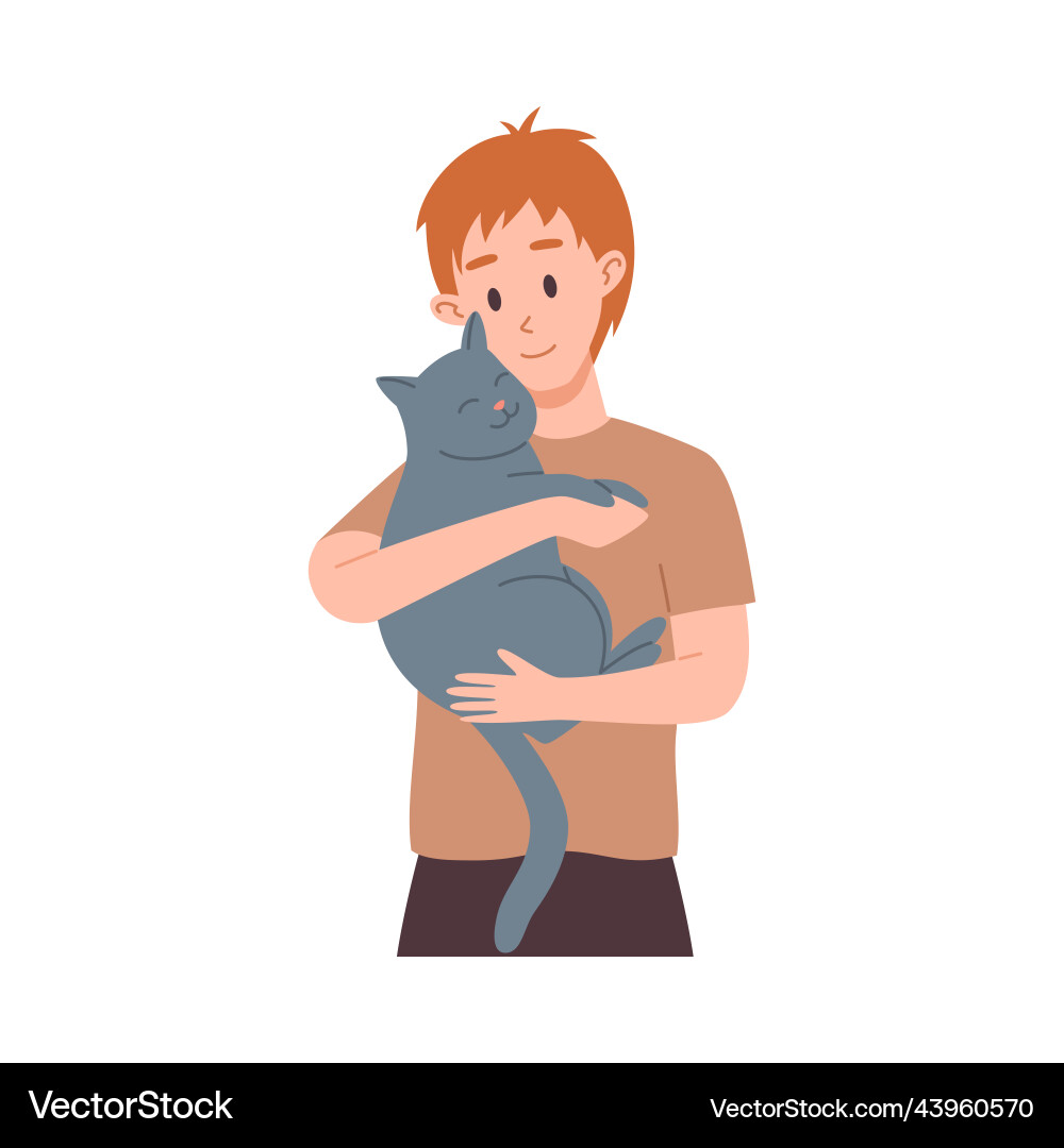 Redhead young boy hugging big gray cat flat style Vector Image