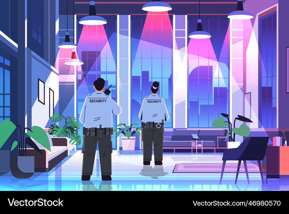 Security guards in uniform using walkie-talkie Vector Image