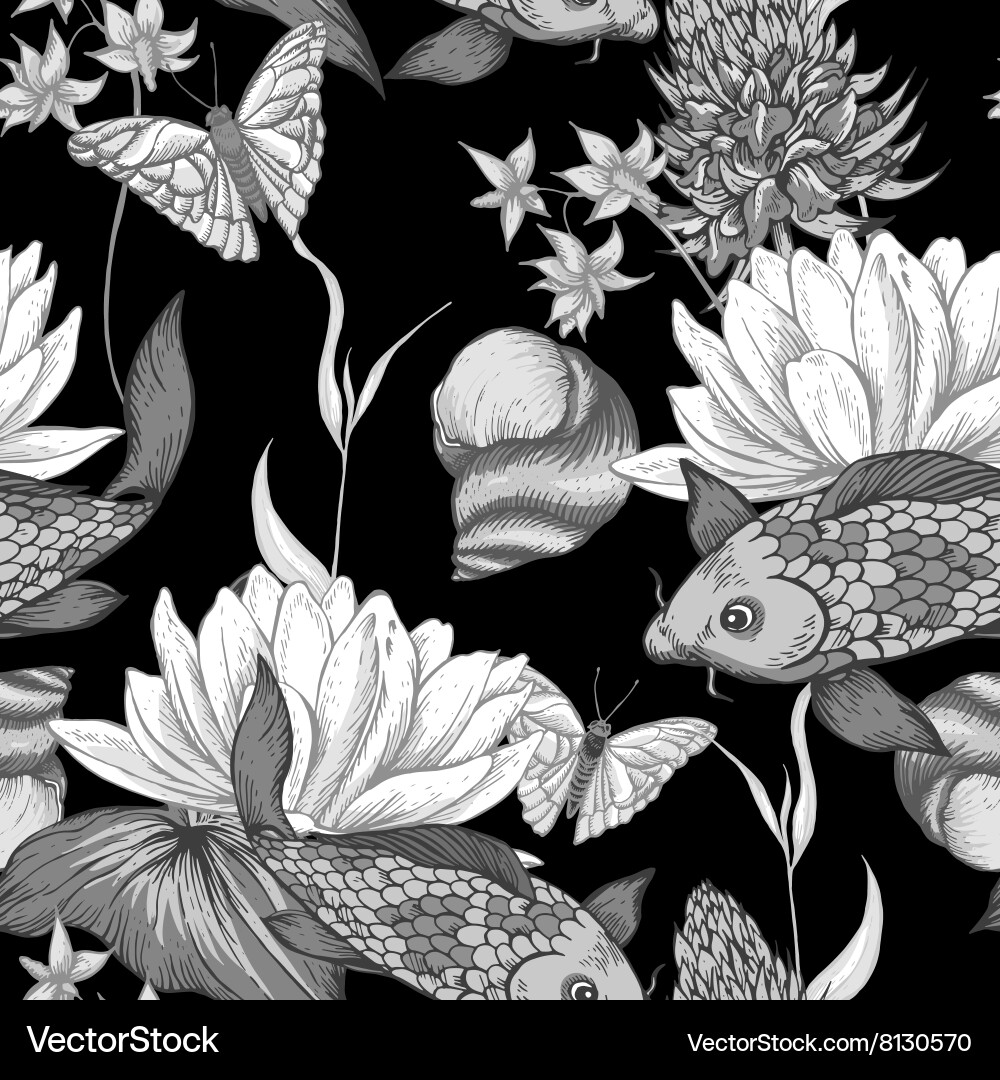 Vintage pond water flowers seamless pattern Vector Image