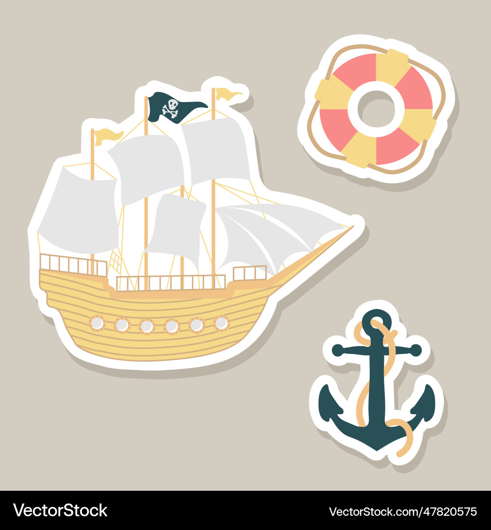 Cute stickers set with ship lifebuoy Royalty Free Vector