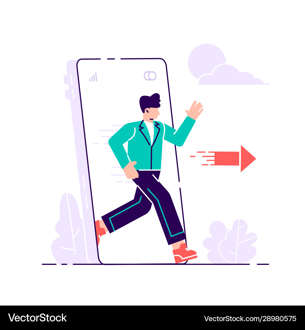 Young man stepping out huge phone Royalty Free Vector Image