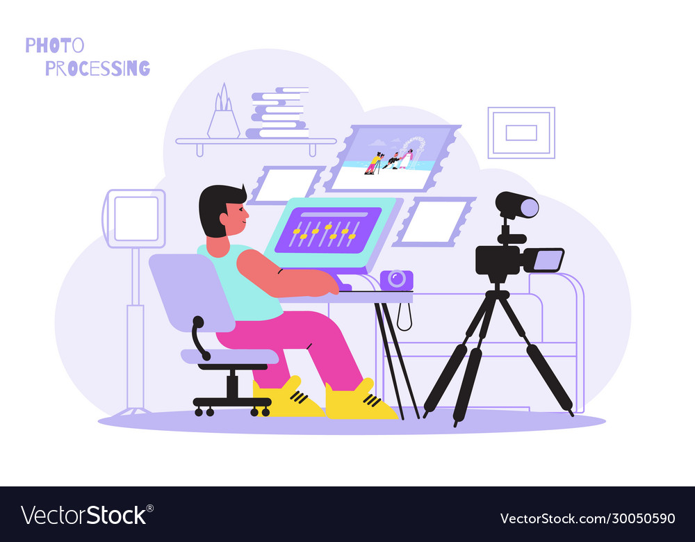 Photo processing flat composition Royalty Free Vector Image