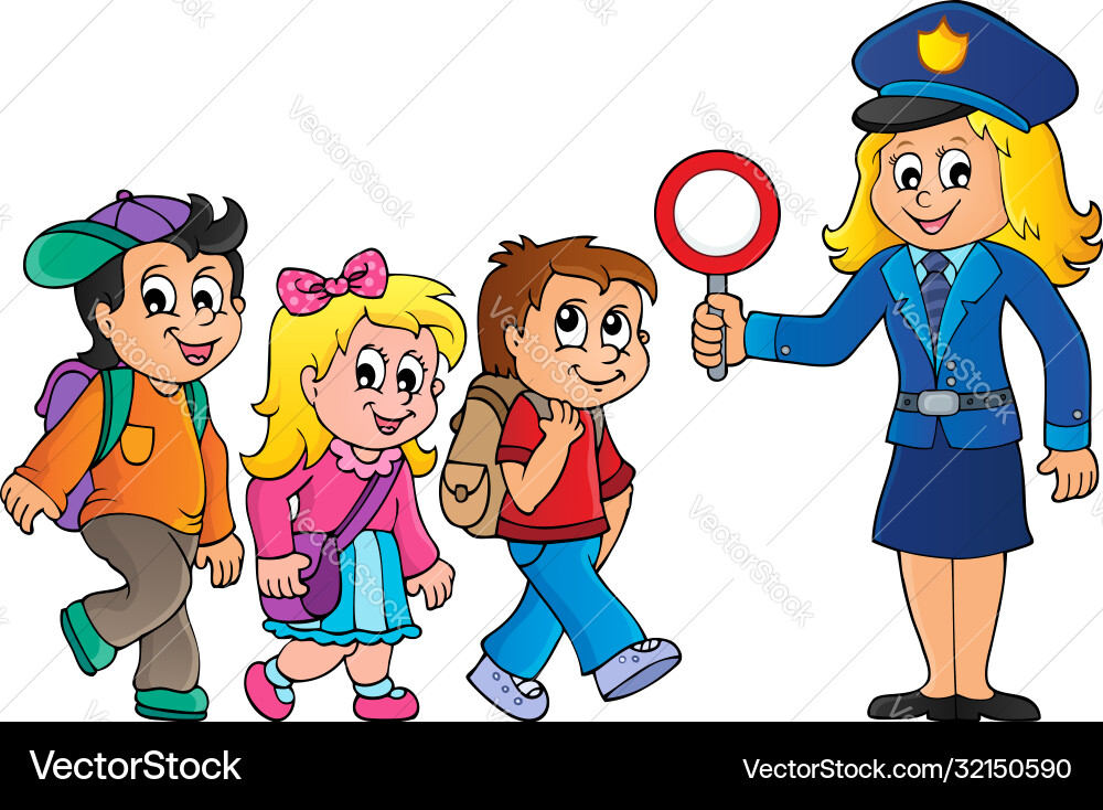 Pupils and policewoman image 1 Royalty Free Vector Image