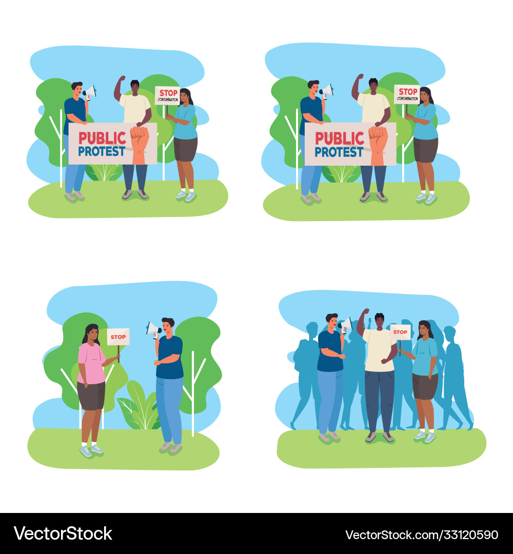 Set scenes people in protests with placards human Vector Image