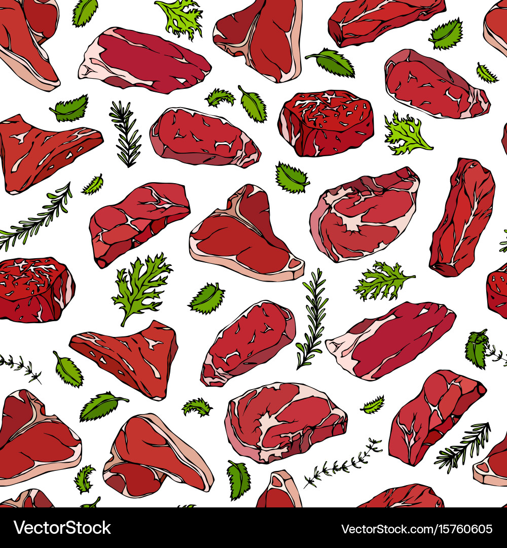 Beef steaks meat cuts and herbs seamless Vector Image
