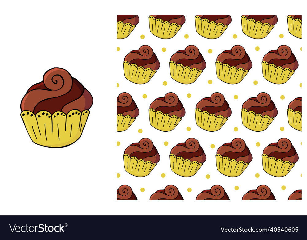 Cupcake muffin set of element and seamless pattern