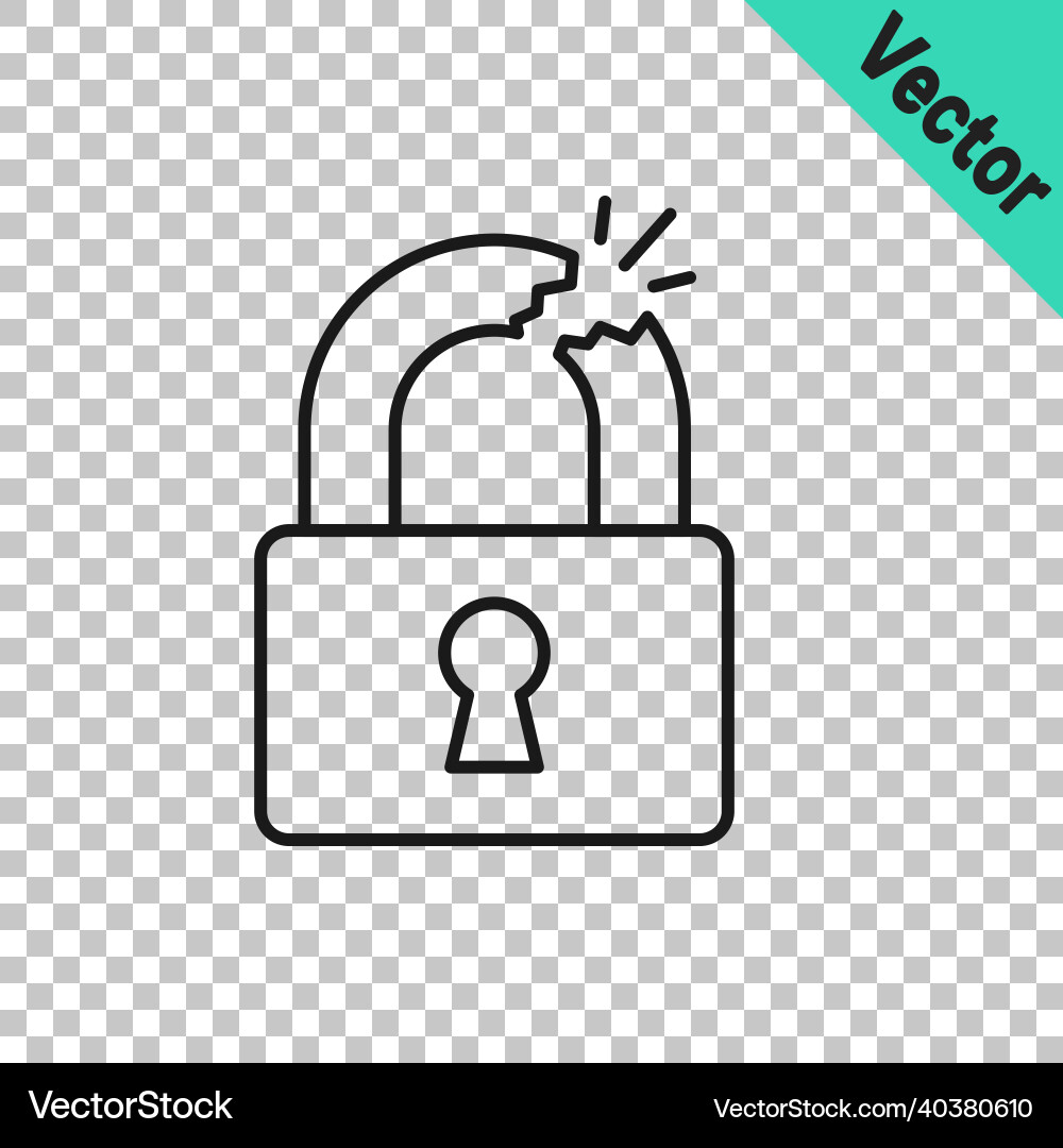 Black line broken or cracked lock icon isolated Vector Image