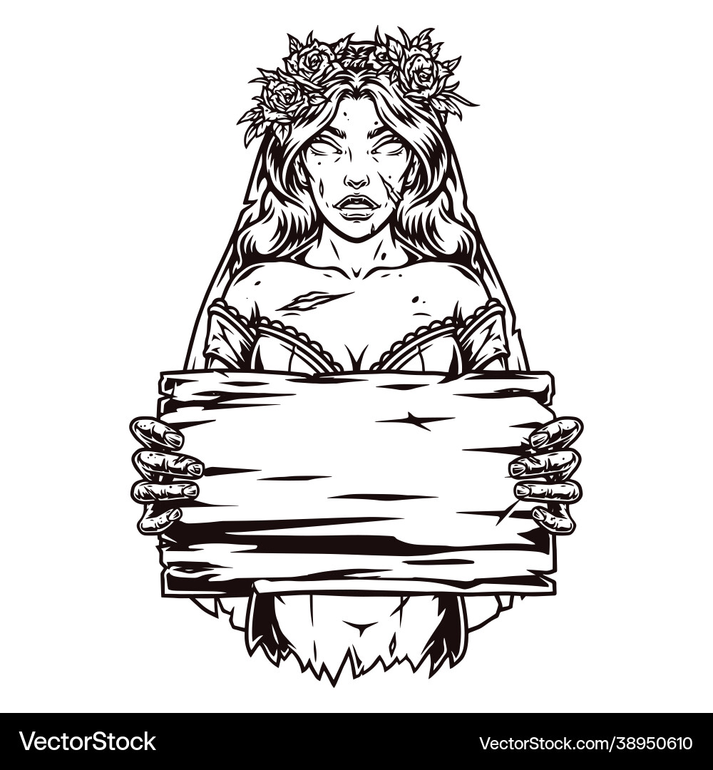 Dead bride holding blank wooden plank Royalty Free Vector