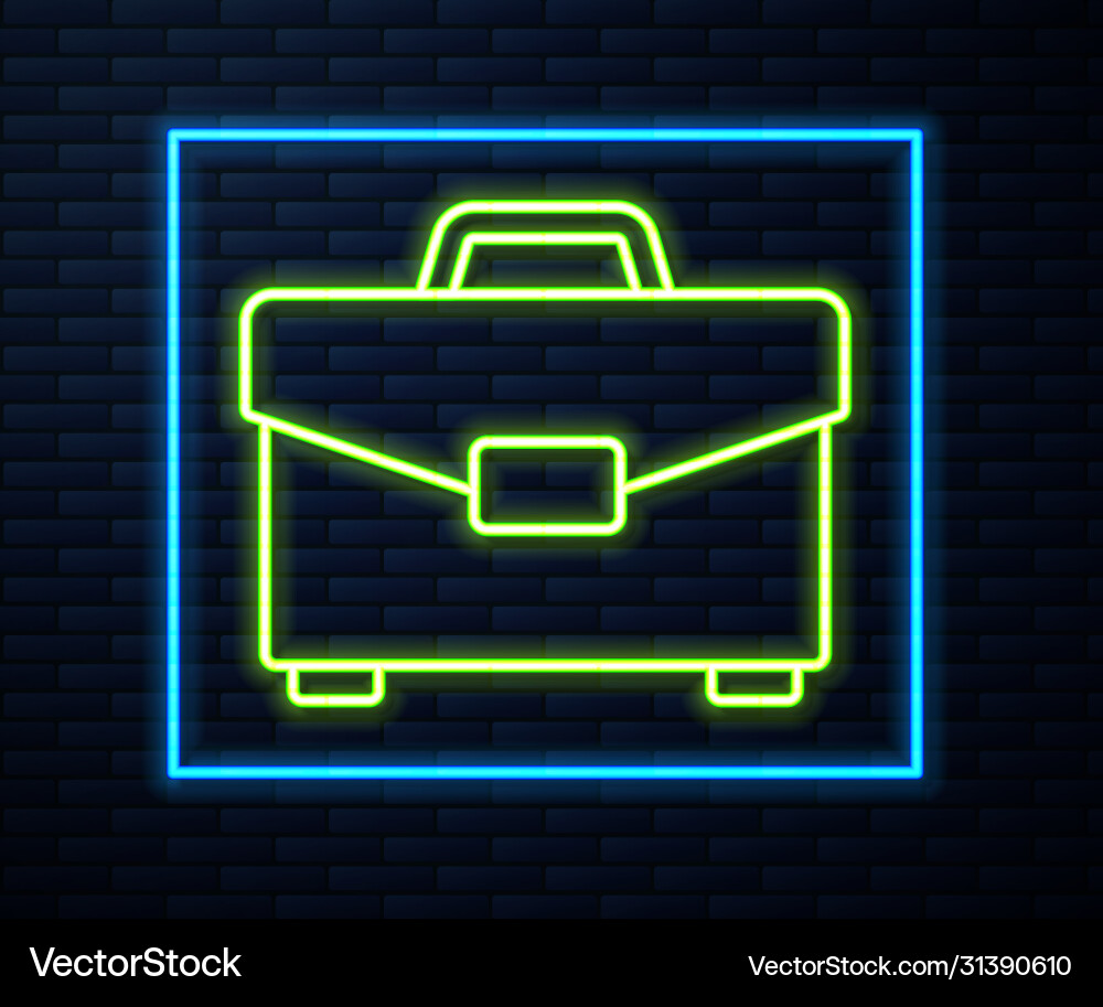 Glowing neon line briefcase icon isolated on brick