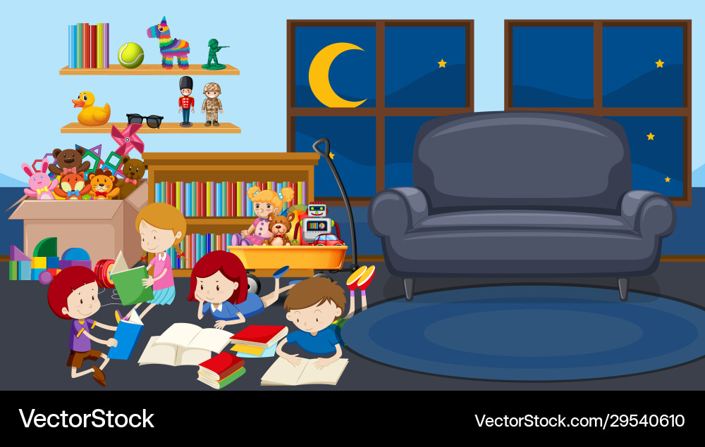 Scene with many kids reading in room Royalty Free Vector