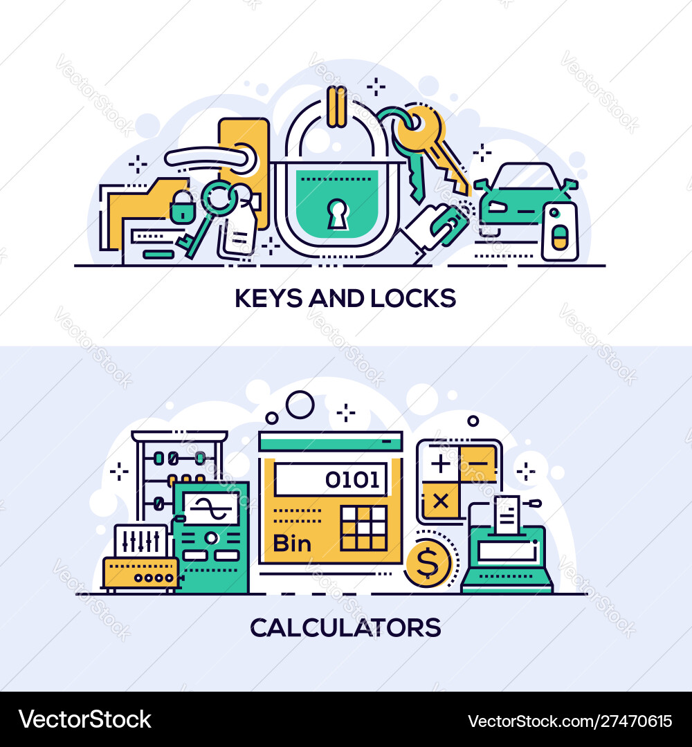 Keys and locks and calculators banner template Vector Image