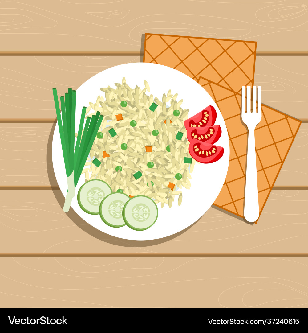 Rice with vegetables on a white plate cucumbers Vector Image