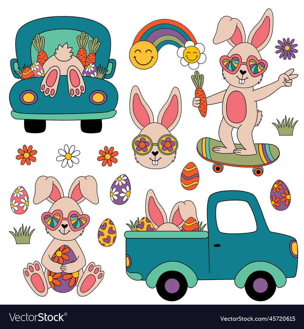 Set of isolated retro groovy easter rabbit Vector Image