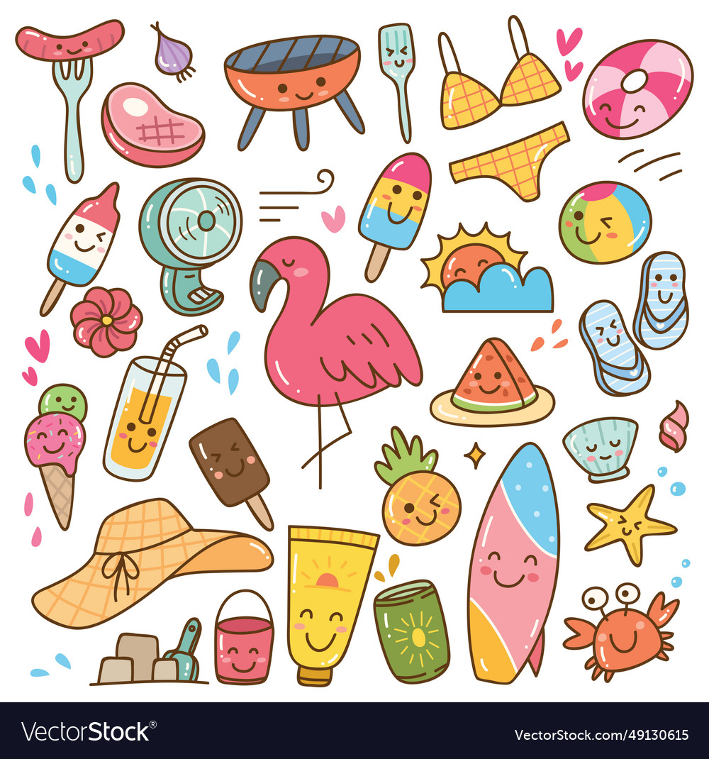 Set of kawaii summercartoon doodle design elements