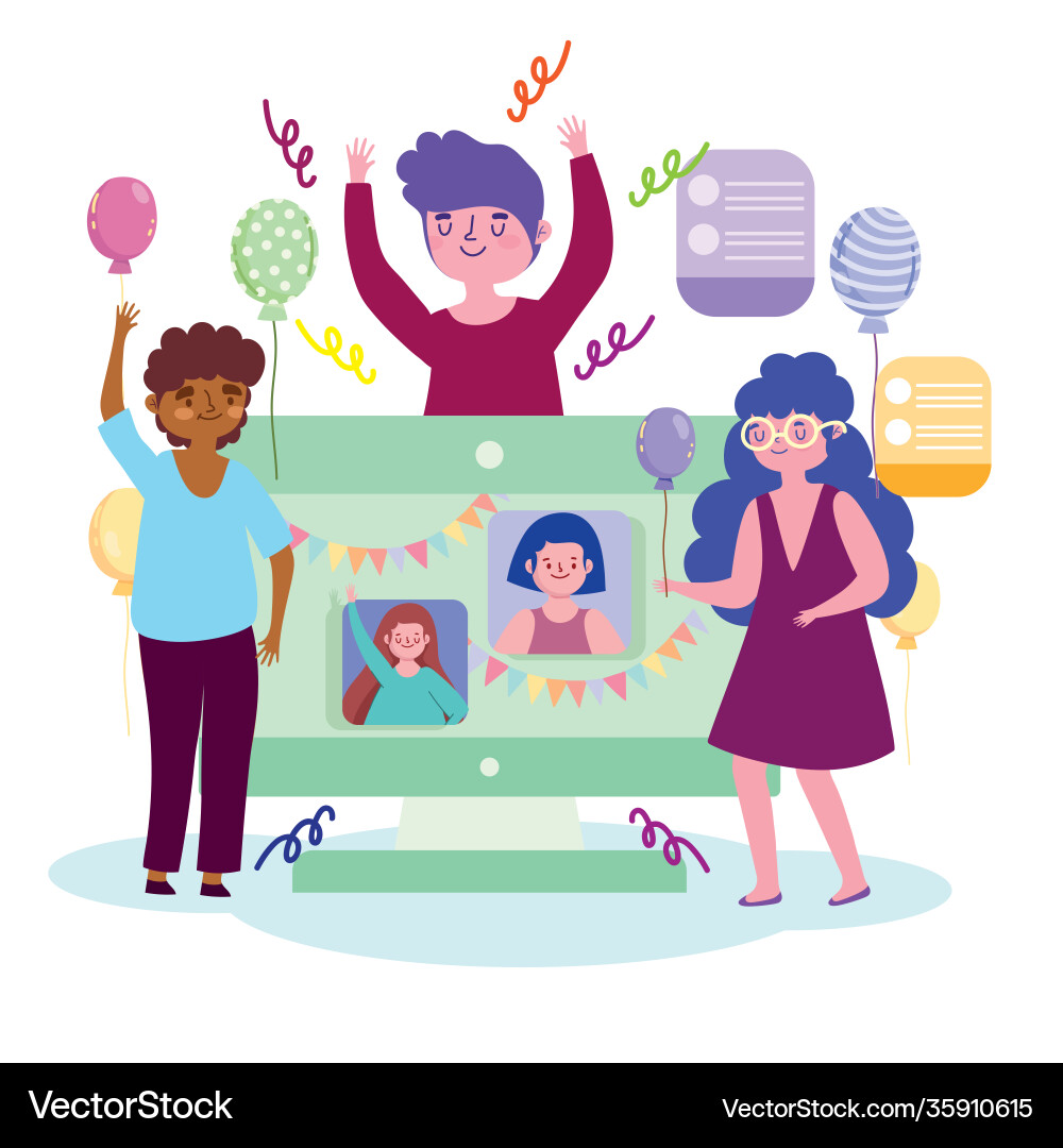 Virtual party people connected with video call Vector Image