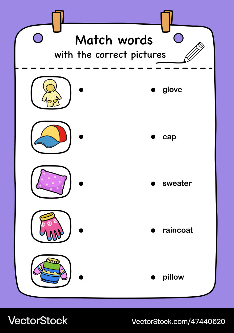 Match words with the correct pictures Royalty Free Vector