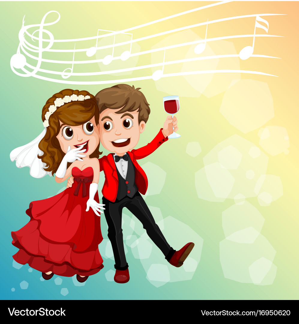 Wedding couple celebrating with music notes in Vector Image
