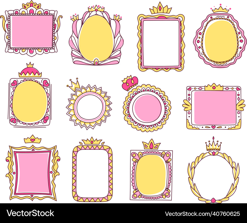 Cute hand drawn pink princess frames with crowns Vector Image