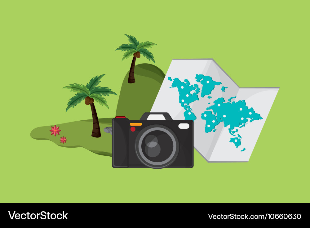 Camera with vacation travel icons image Royalty Free Vector