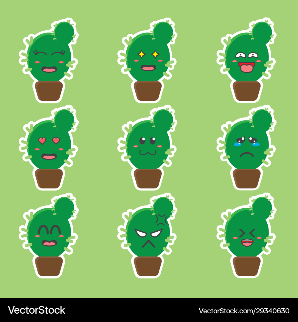 Cute green cactus mascot design set Royalty Free Vector