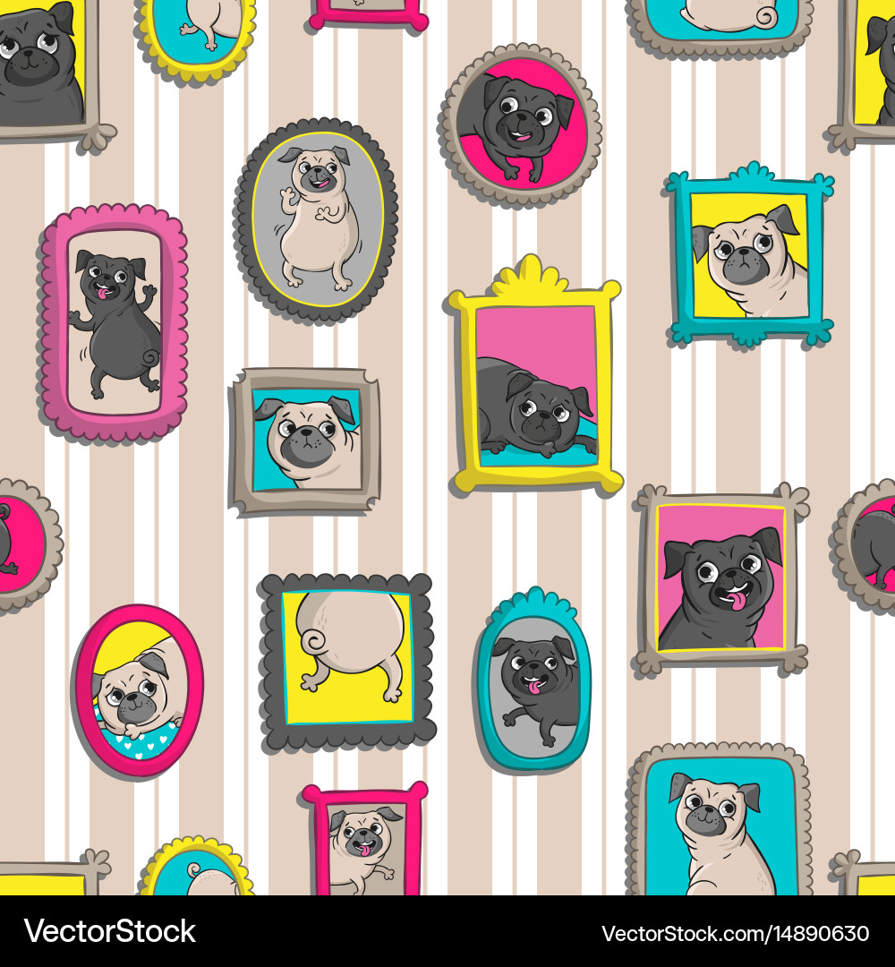Frames with portraits of pugs seamless pattern Vector Image